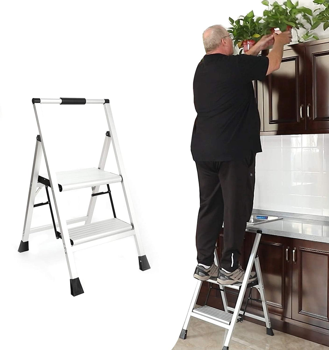 Topfun 2 Step Ladder, Lightweight Aluminum Folding Step Stool, Non-Sli ...