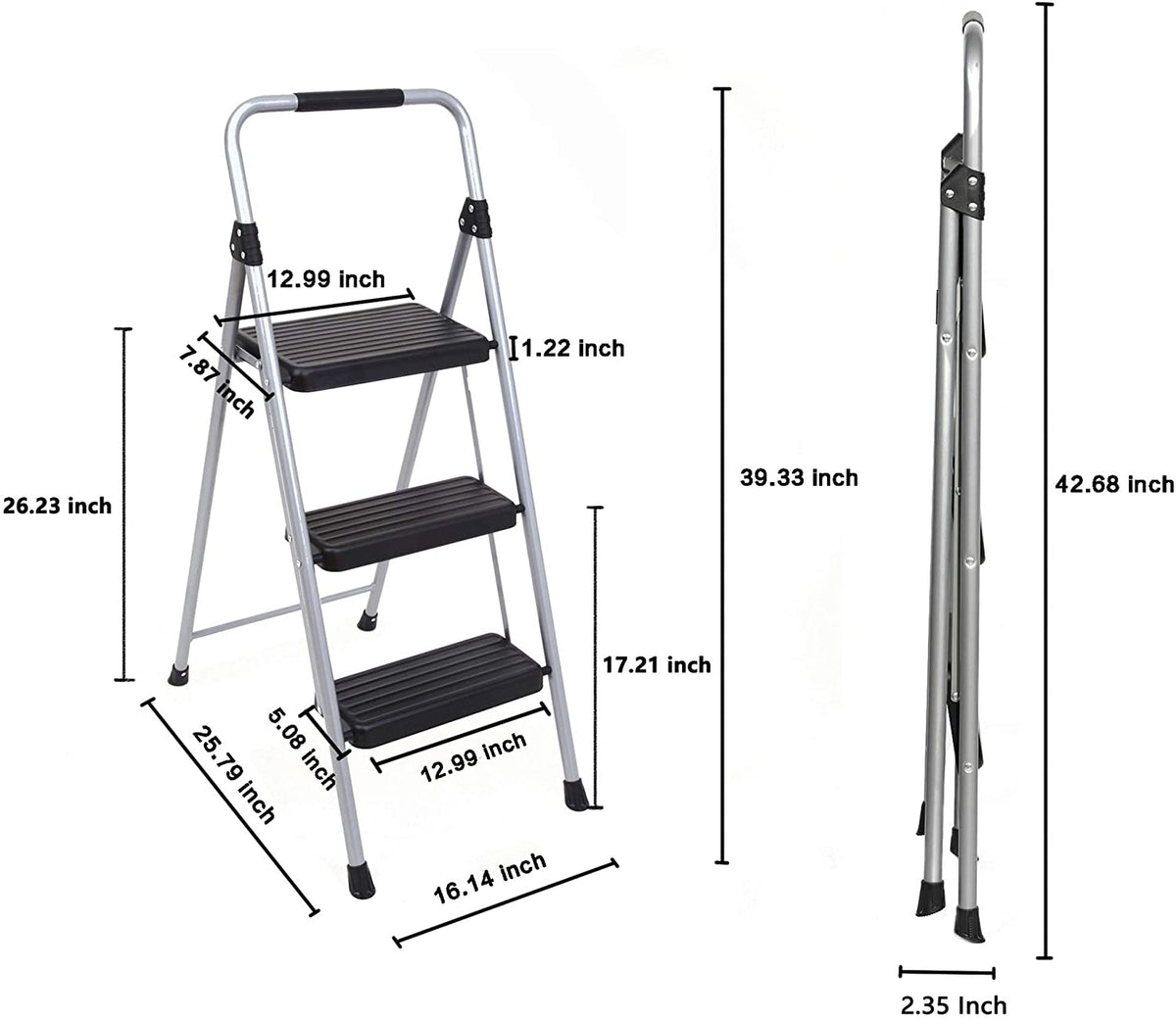 Topfun Folding 3 Step Ladder Lightweight Steel Step Stool Sturdy Anti ...